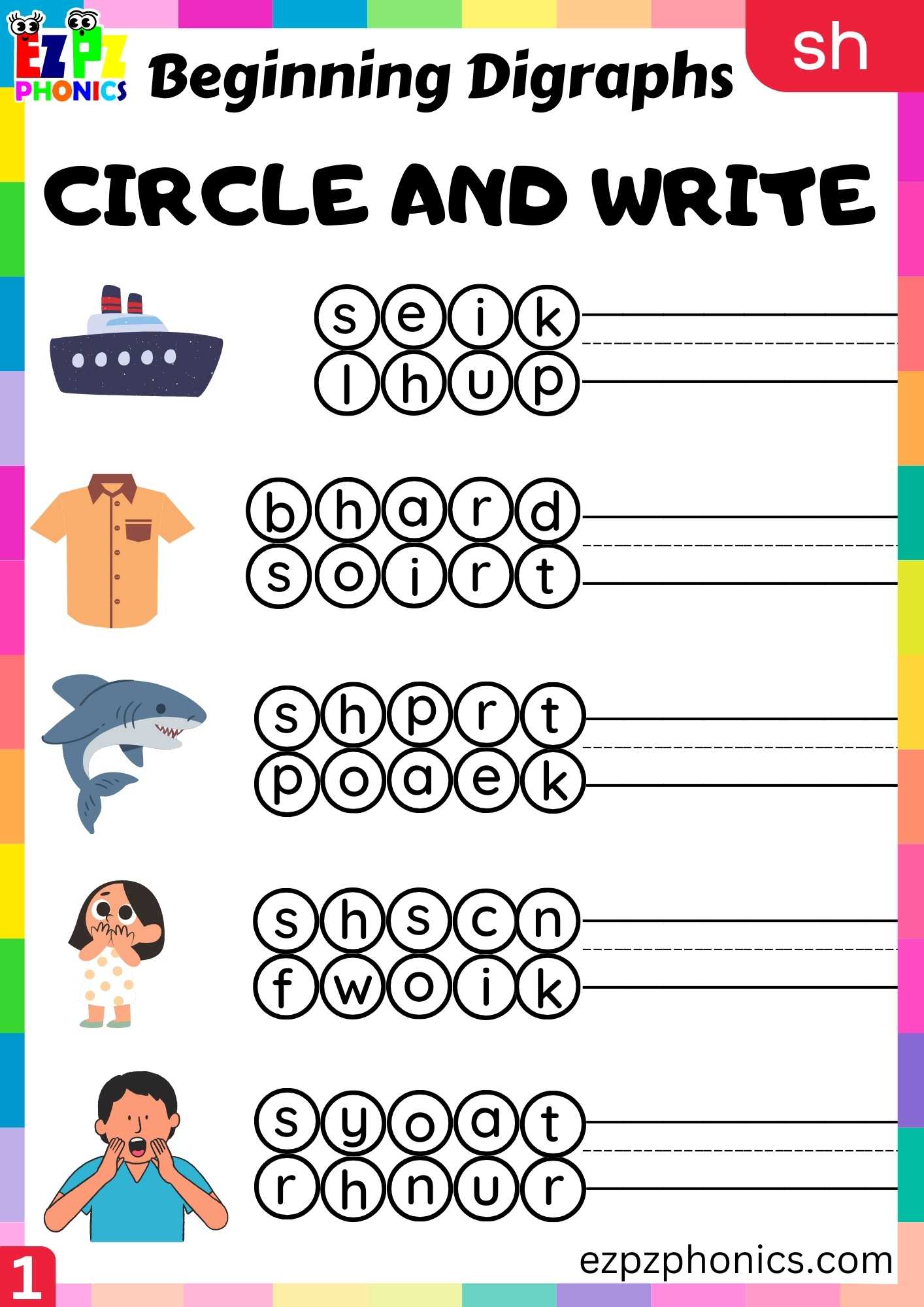 Group1 SH Words Circle And Write Consonant Digraphs Phonics Beginning Worksheet - ezpzphonics.com